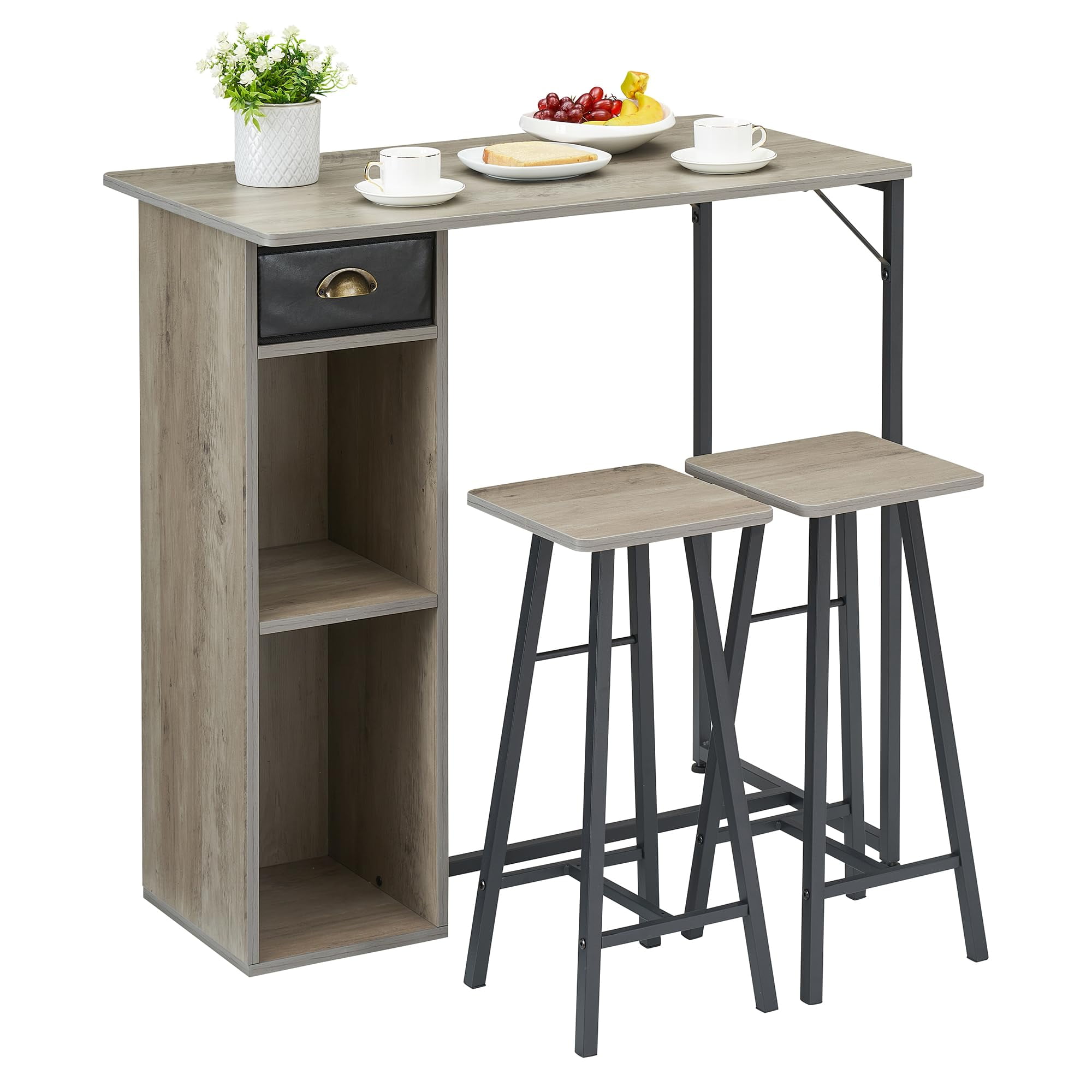 TROPOW 3 Piece Bar Table Set,Bar Table with Storage-with 1 Drawer Dining Table Set with 2-Layer ...