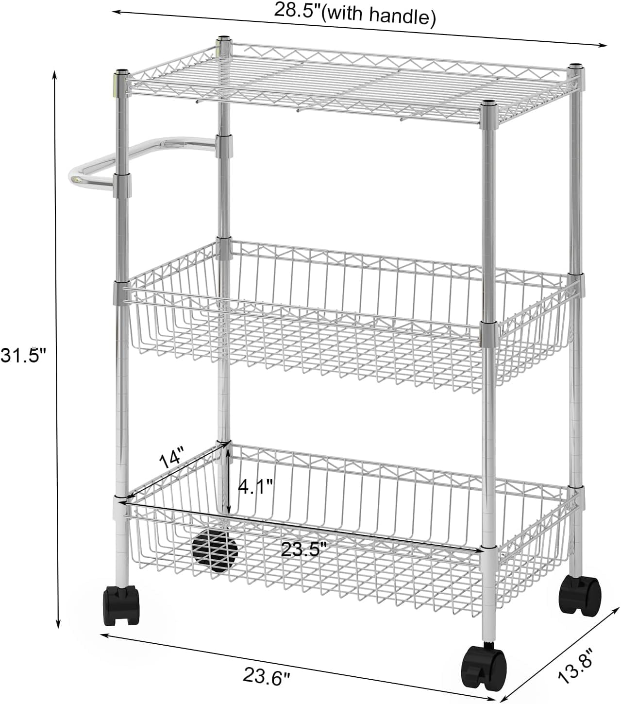 TROPOW 3 Tier Metal Rolling Cart, Kitchen Storage Cart, Utility Trolley ...