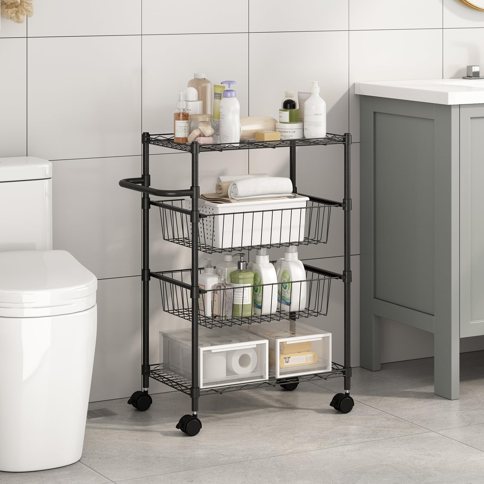 TROPOW 4 Tier Rolling Carts, Metal Wire Utility Cart with Wheels ...