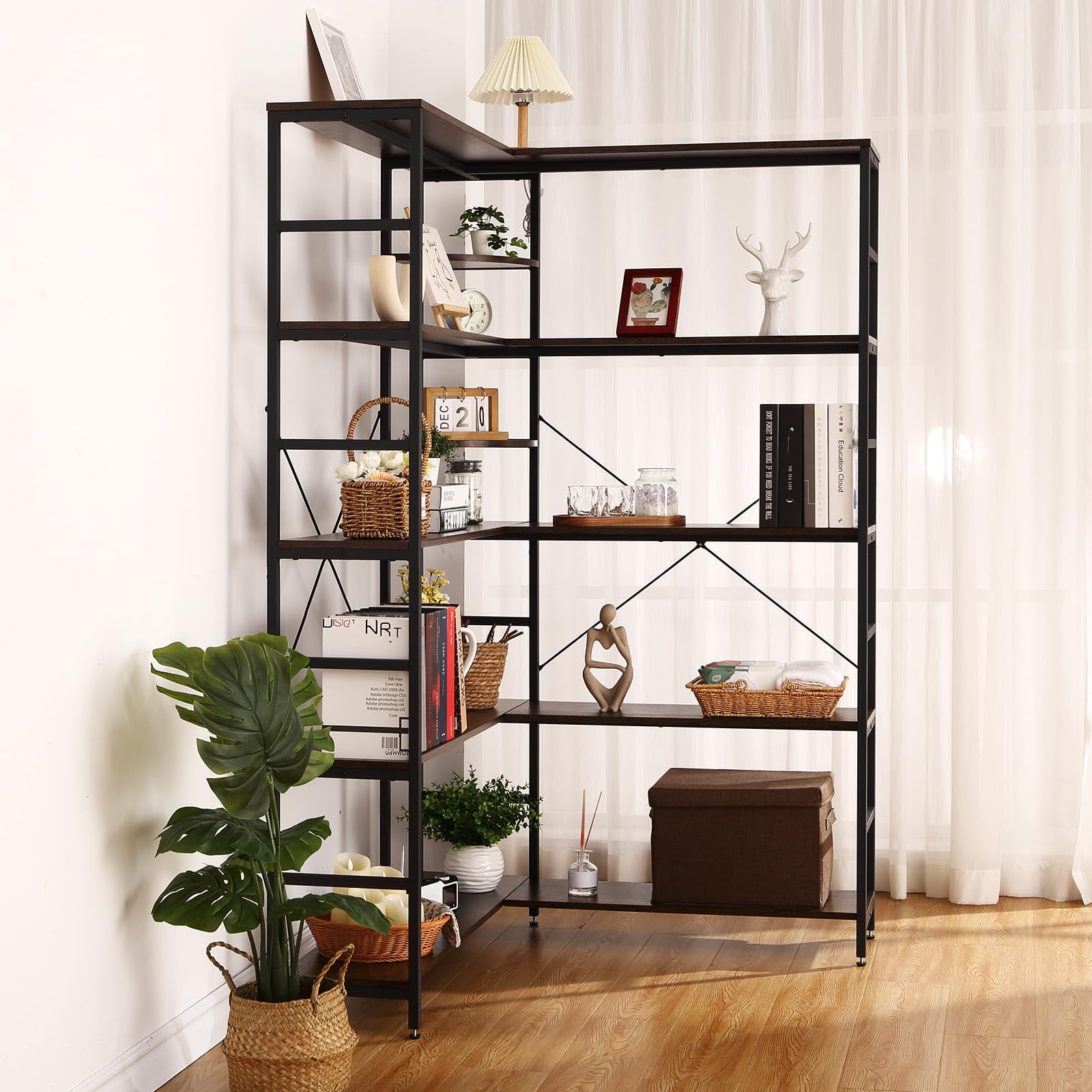 TROPOW 5 Tier Corner Bookshelf, Industrial Bookshelves, L Shape Tall ...