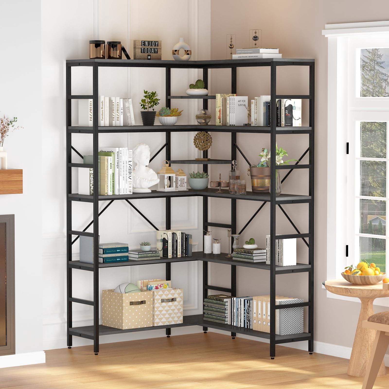 TROPOW 5 Tier Corner Bookshelf, Industrial Bookshelves, L Shape Tall ...