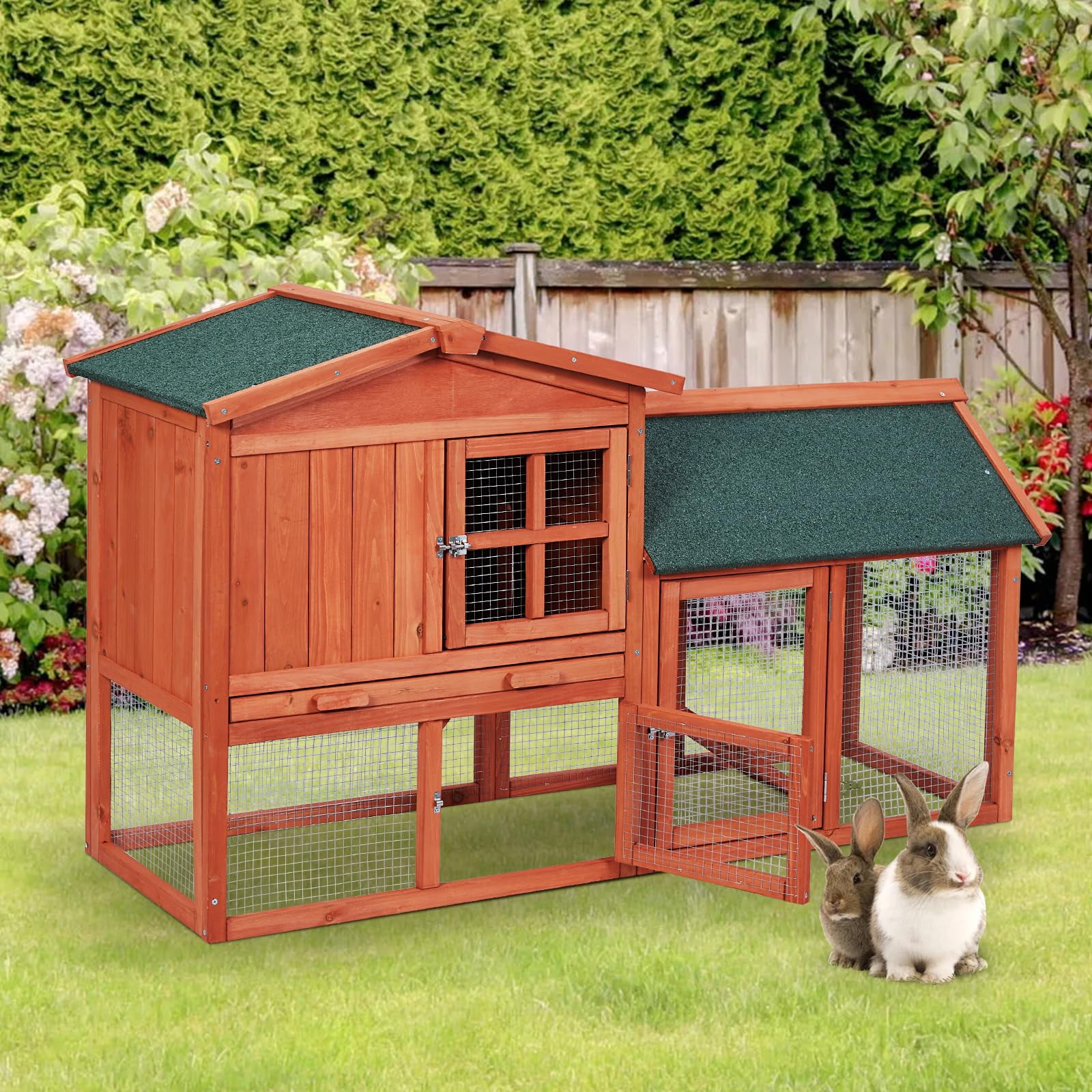 TROPOW 54'' Rabbit Hutch Indoor Outdoor Rabbit Cage, Two Floors Wooden ...