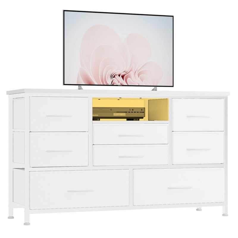 TROPOW 8-Drawer TV Stand with LED Lights & Power Outlet, Media Console ...