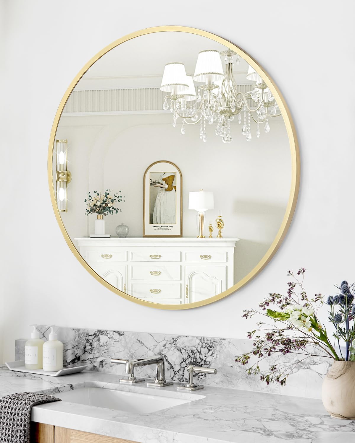 TROPOW Bathroom Mirror,24 Inch Gold Round Mirror Wall Mounted Round ...