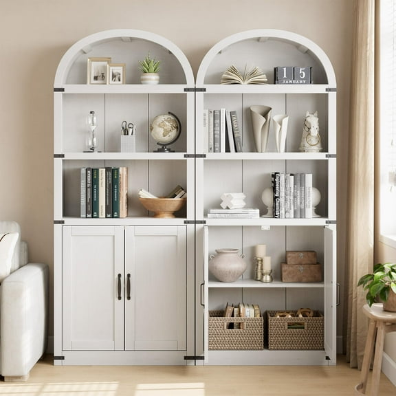 Bookshelf, Arched Bookcase with Doors, Black Book Case for Living Room ...