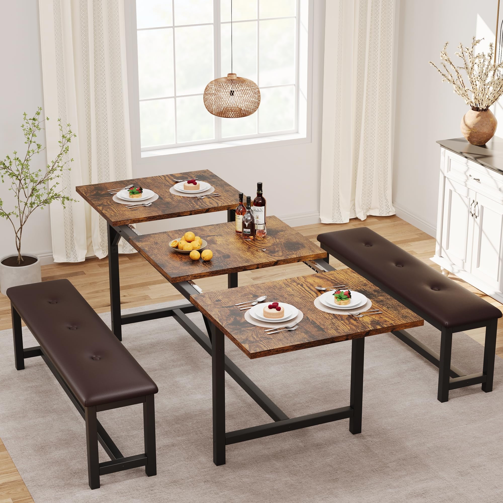TROPOW Dining Table Set for 4-6, 3 Piece Large Extendable Kitchen Table ...
