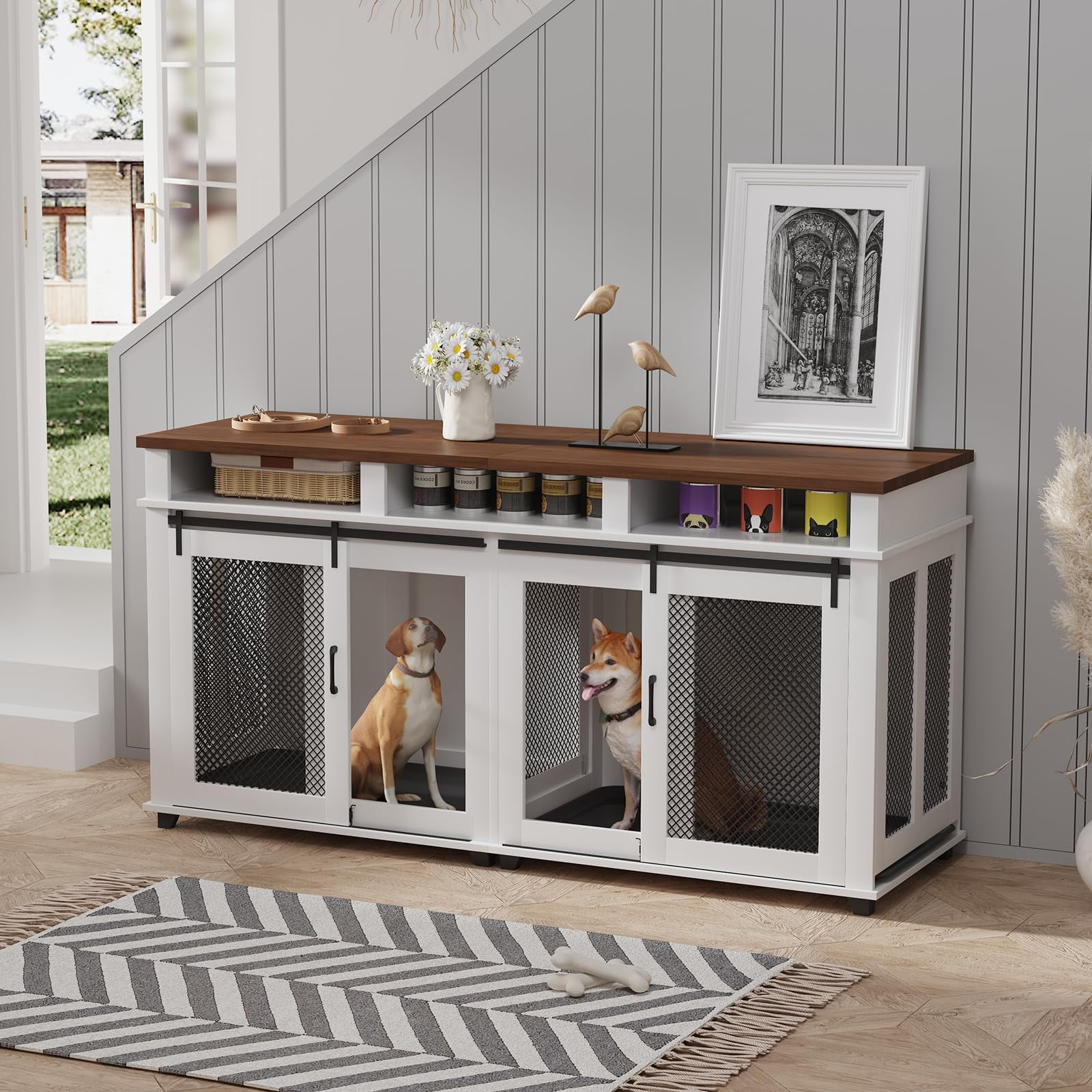 TROPOW Double Dog Crate Furniture with Sliding Barn Door, Divider ...