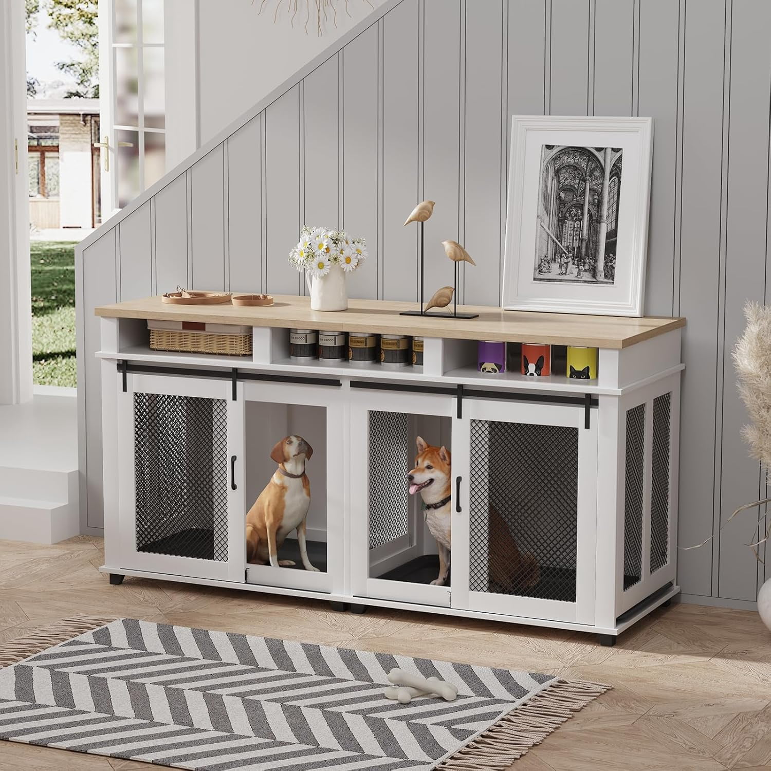 TROPOW Double Dog Crate Furniture with Sliding Barn Door, Divider ...