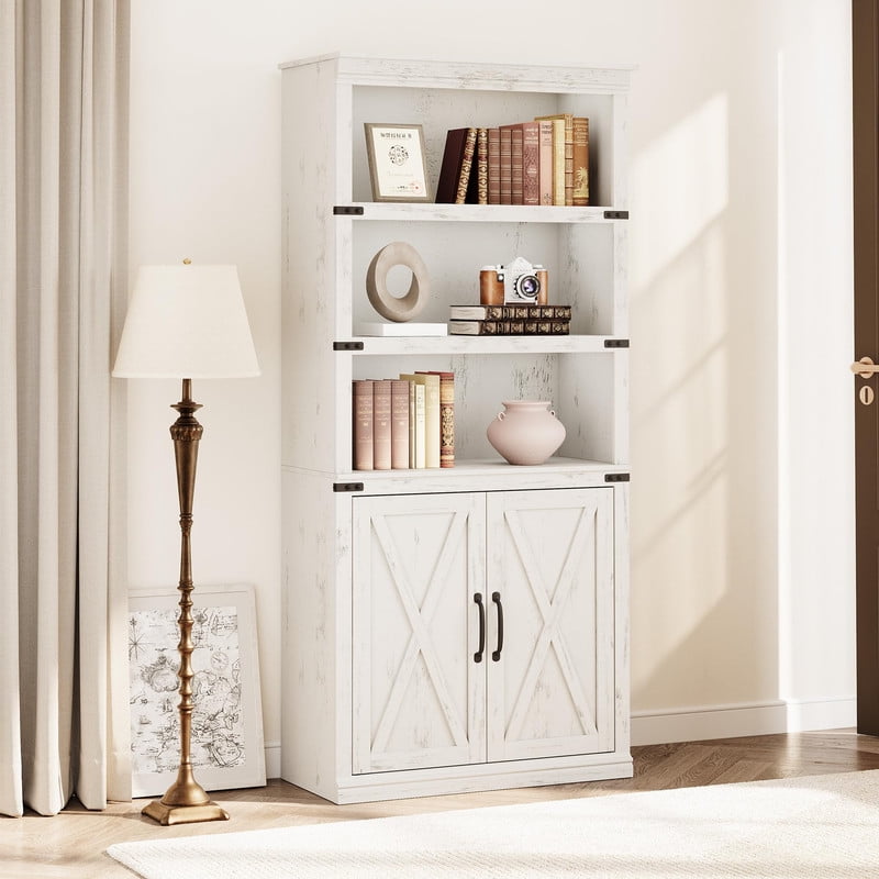TROPOW Farmhouse Bookcases with Doors, 5 Tier Bookshelf with Storage ...