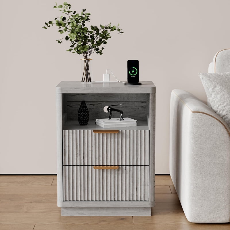 TROPOW Fluted Nightstand with Charging Station, Mid Century Modern ...