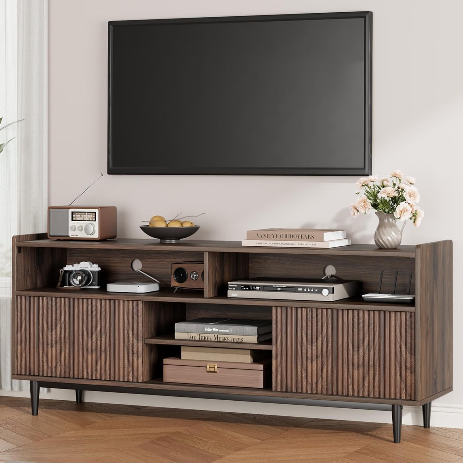 TROPOW Fluted TV Stand for 65 Inch, Boho Entertainment Center with Sliding Doors, Wood Media ...