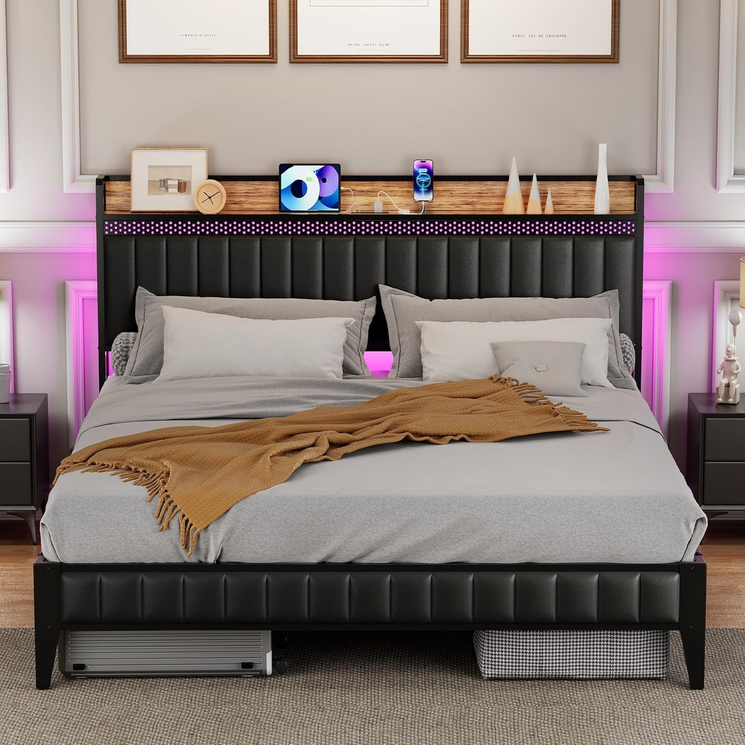 TROPOW Full Size Bed Frame,Led Light and Charging Station, Platform Bed ...