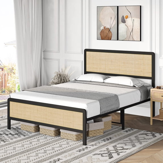 TROPOW Full Size Bed Frame,with Natural Rattan Headboard and Footboard ...