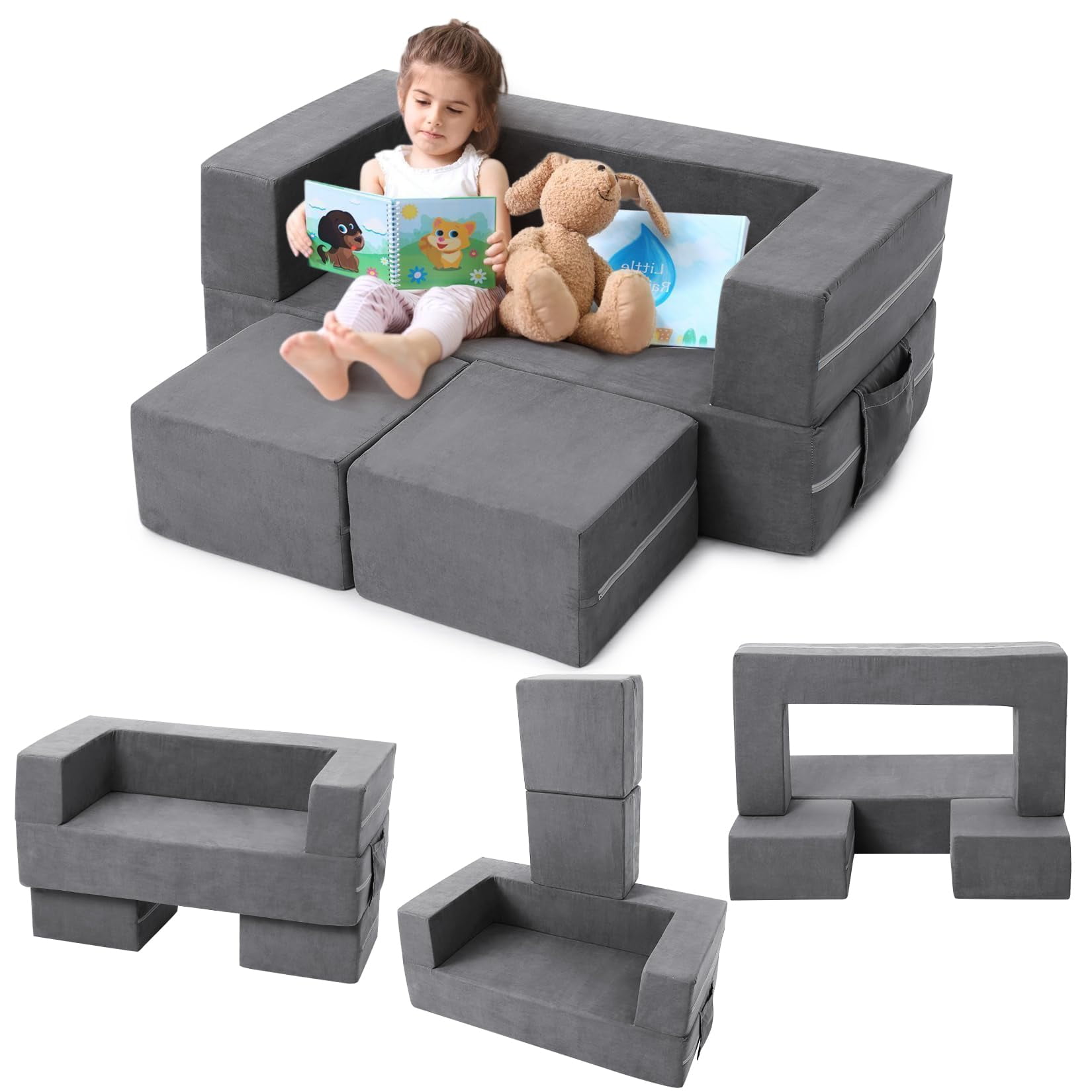 TROPOW Kids Couch 3PCs Modular Kids Play Couch, Toddler Couch Kids ...