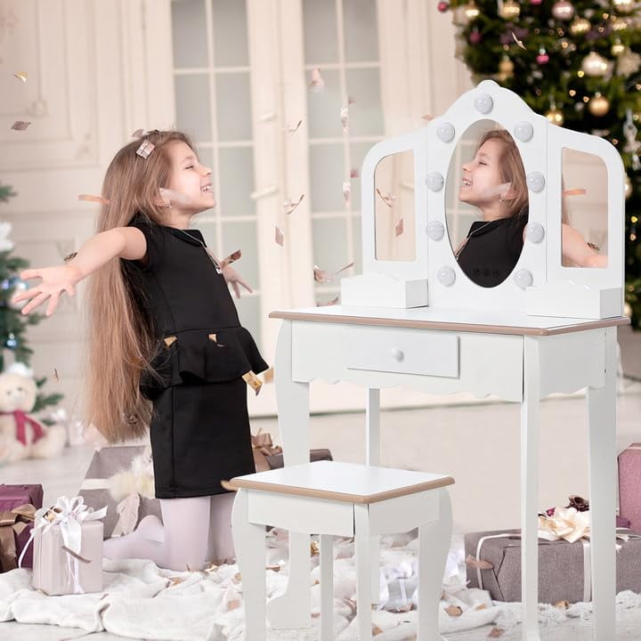 Tropow Kids Vanity Set, 3 Mirrors and Stool, Wooden Princess Makeup ...