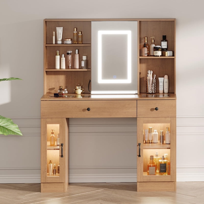 TROPOW Large Vanity Desk with Sliding Mirror, 3-Color LED Lights ...