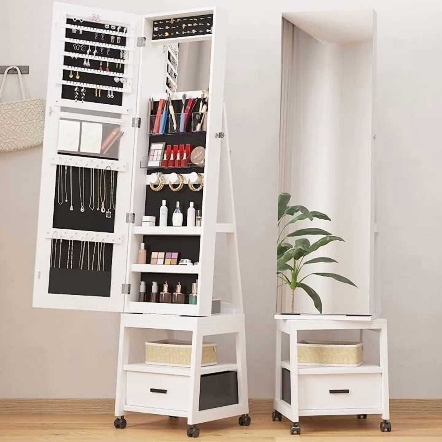 TROPOW Mirror Cabinet with Storage Swivel Jewelry Armoire Standing with ...