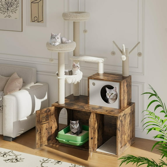 TROPOW Modern Cat Tree with Integrated Litter Box Enclosure - 55 Inch ...