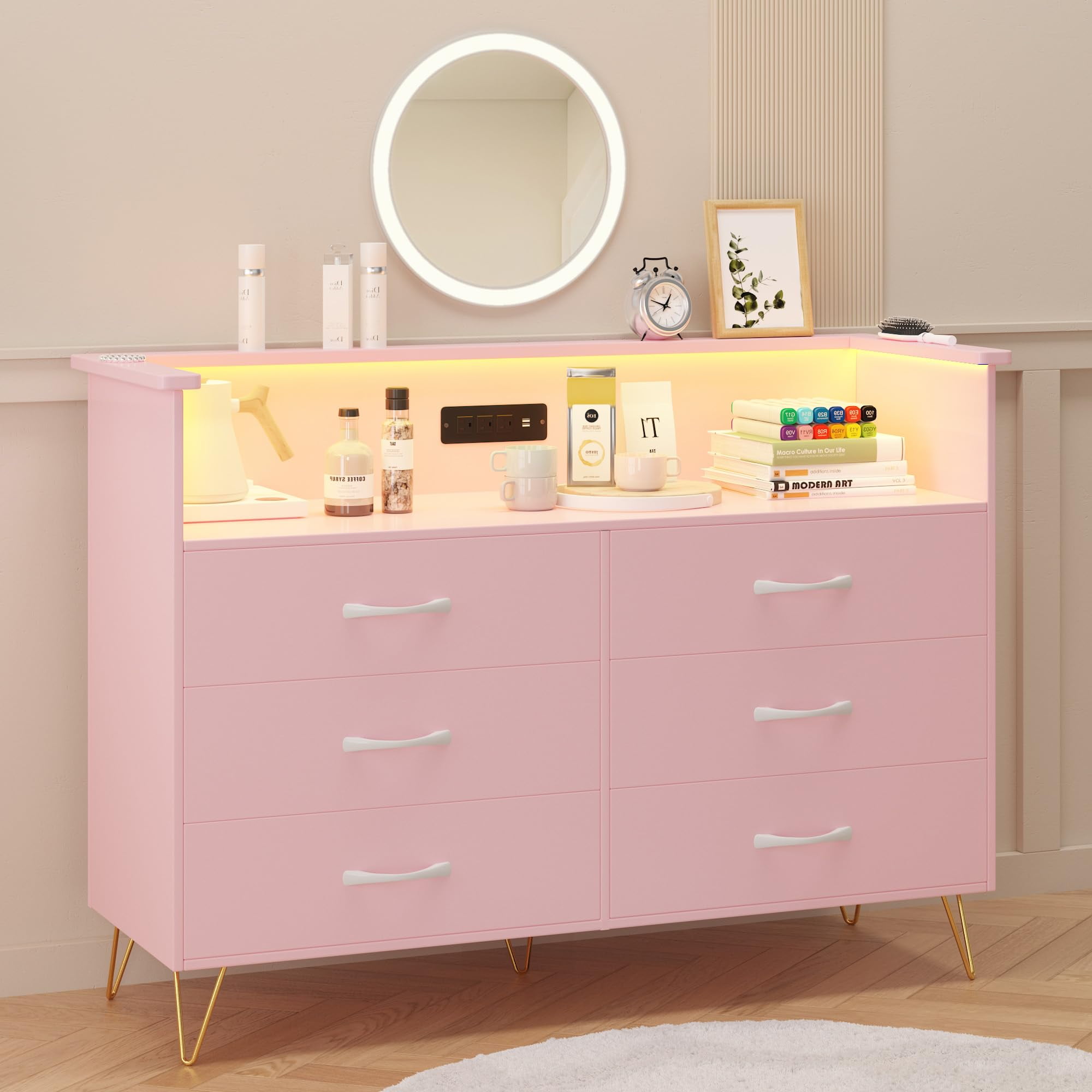 TROPOW Pink Dresser for Bedroom with LED Light & Power Outet, 6 Drawers ...