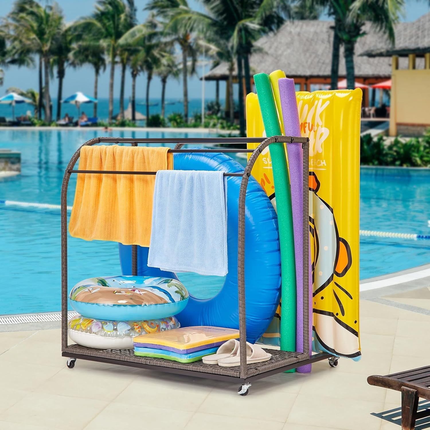 TROPOW Pool Towel Rack,Outdoor Pool Storage Rack with Rattan Base and 5 ...