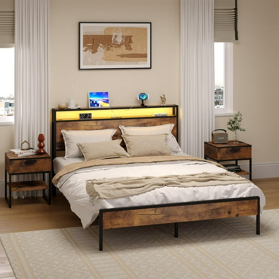 TROPOW Queen Bed Frame with Charging Station, Industrial Queen Platform ...