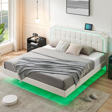 King Size Smart Bed Frame With LED Lights, Leather Upholstered ...