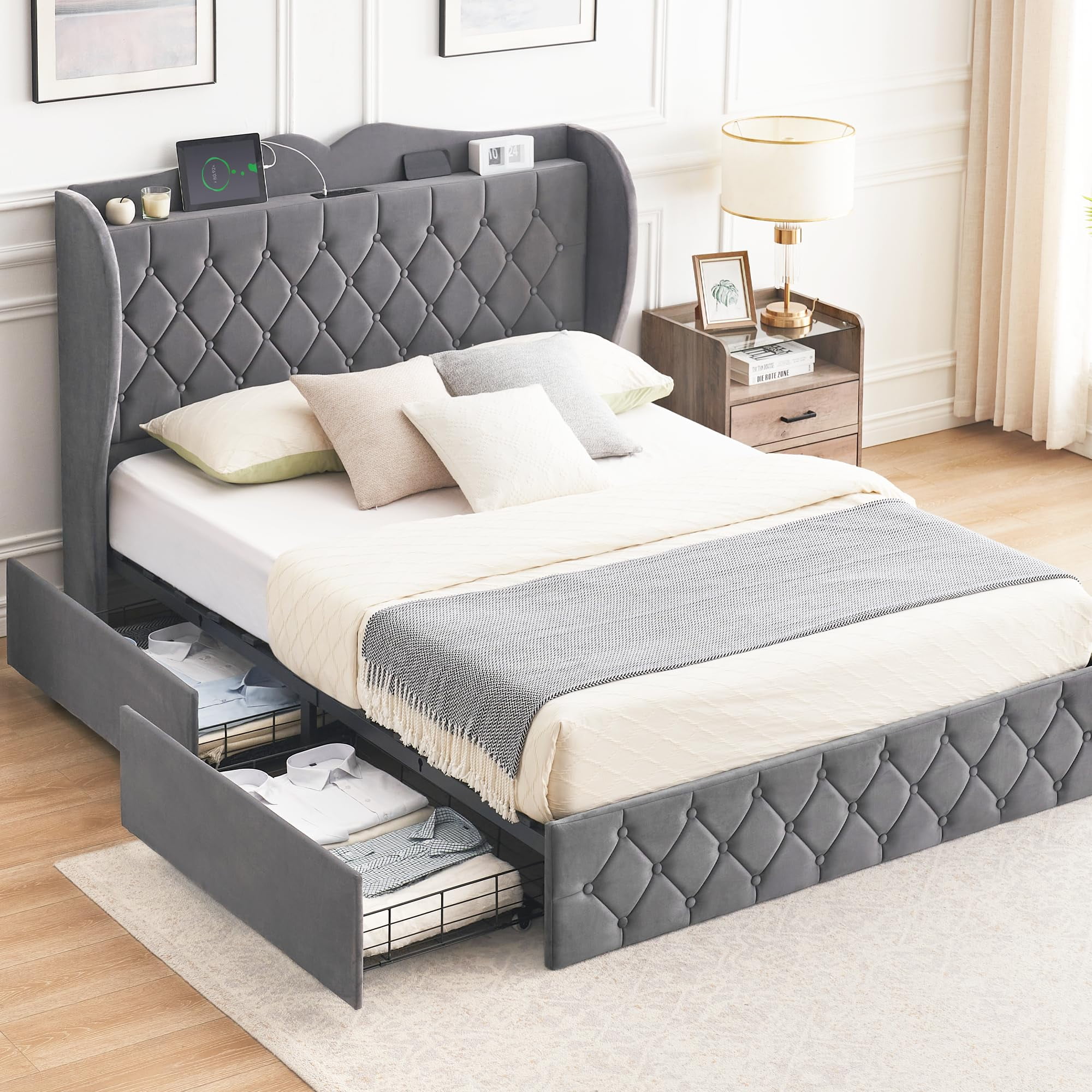 TROPOW Queen Bed Frame,Upholstered Velvet Bed Frame With 4 Storage ...