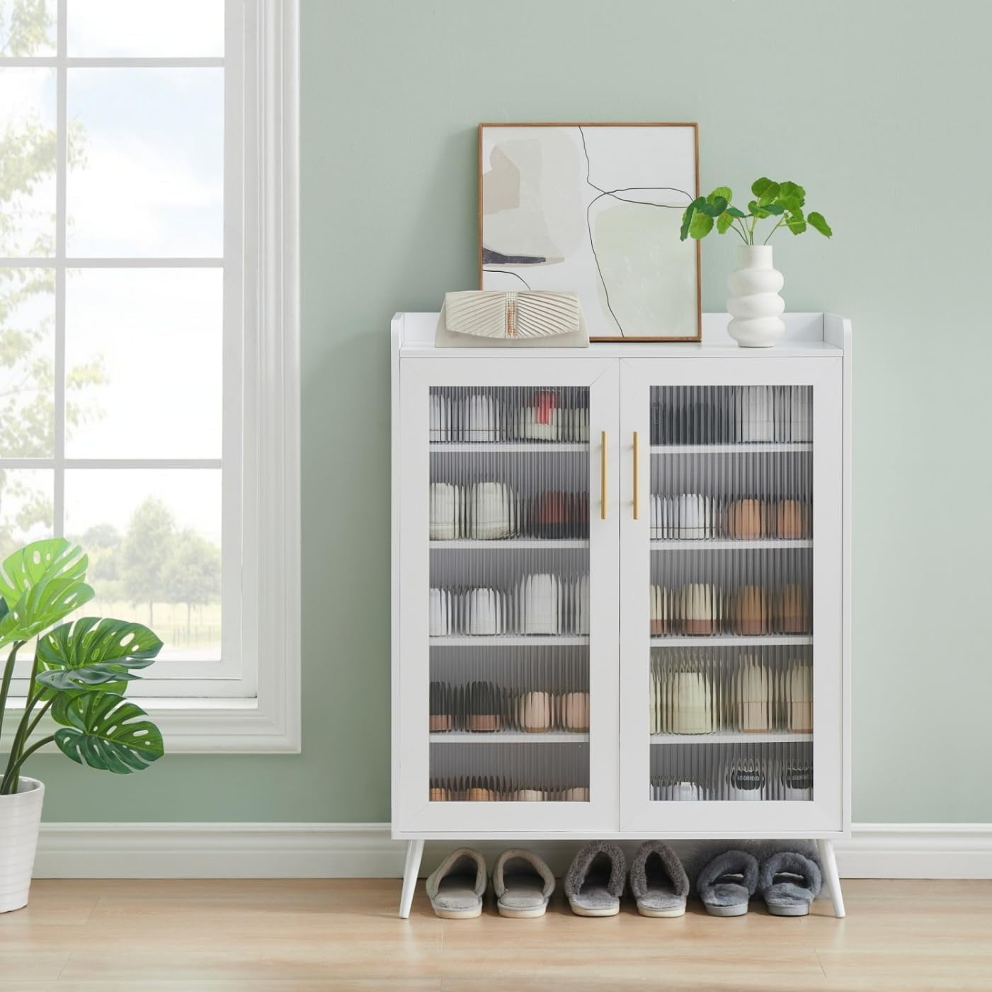 TROPOW Shoe Storage Cabinet,with Glass Doors, Entryway Shoe Organizer ...