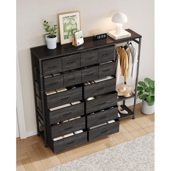 TROPOW Tall Dresser for Bedroom with 16 Drawers & Clothes Rack & 2 ...