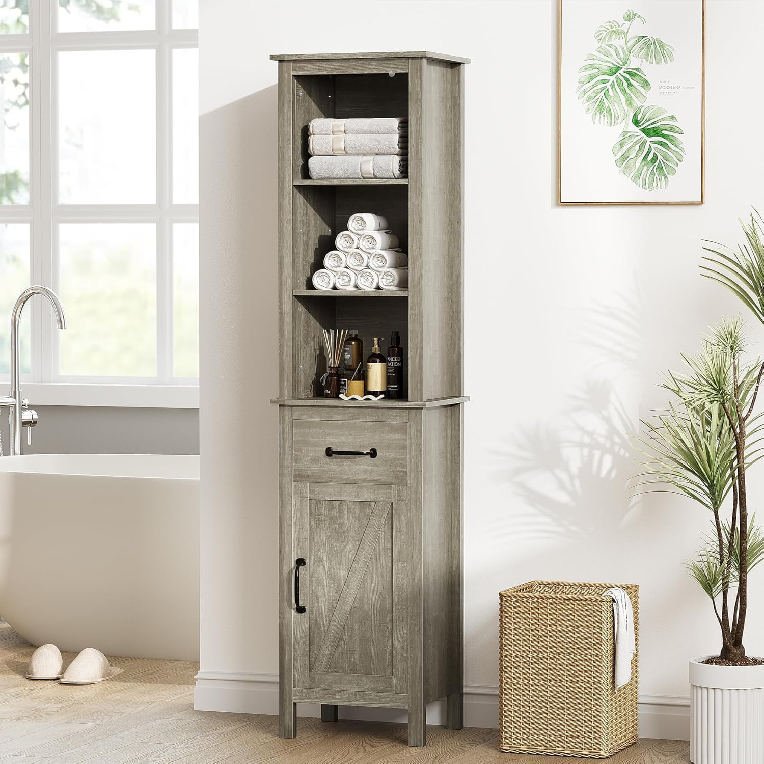 TROPOW Tall Narrow Bathroom Storage Cabinet, Freestanding Thin Bathroom ...
