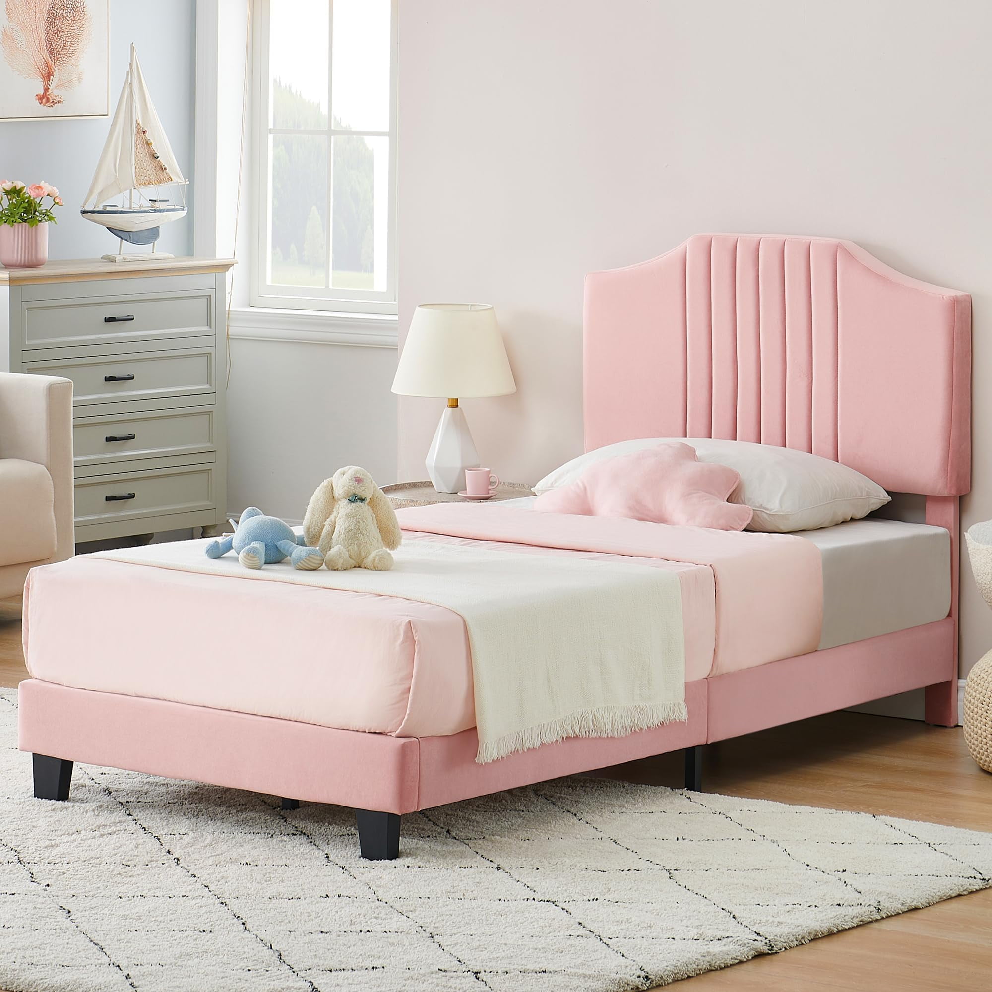 TROPOW Twin Bed Frames,Velvet Upholstered Bed Frame for Girls, Princess ...