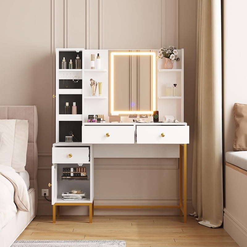 TROPOW Vanity Desk with Lighted Mirror and Jewelry Storage, White and ...