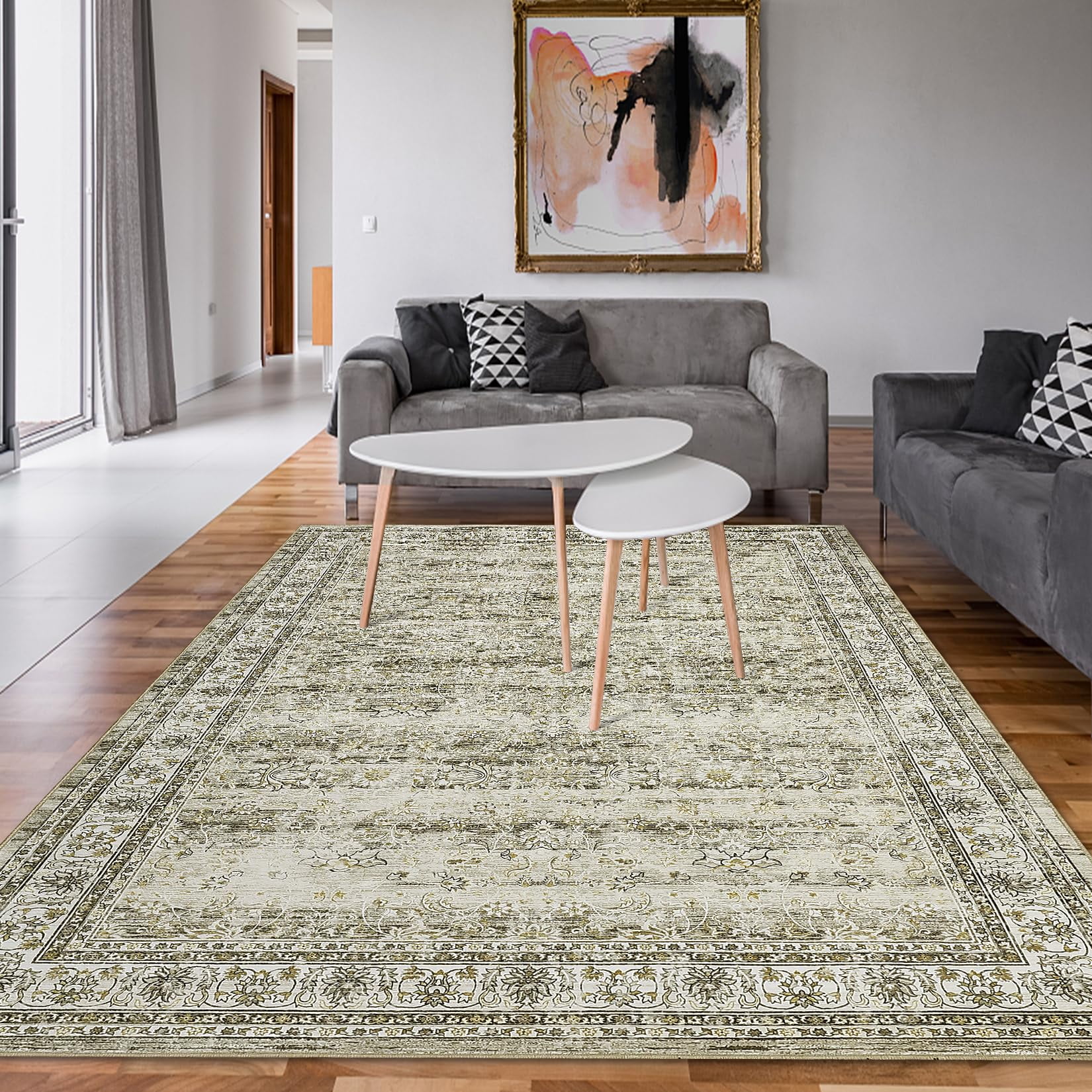 TROPOW Washable Rug,Vintage Floral Living Room Rug Non-Slip Large,for ...