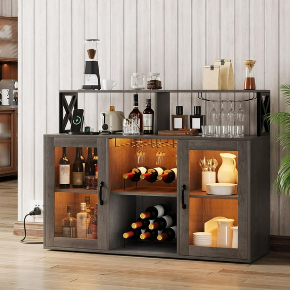 TROPOW Wine Bar Cabinet, Farmhouse Liquor Cabinet with Led Light and ...