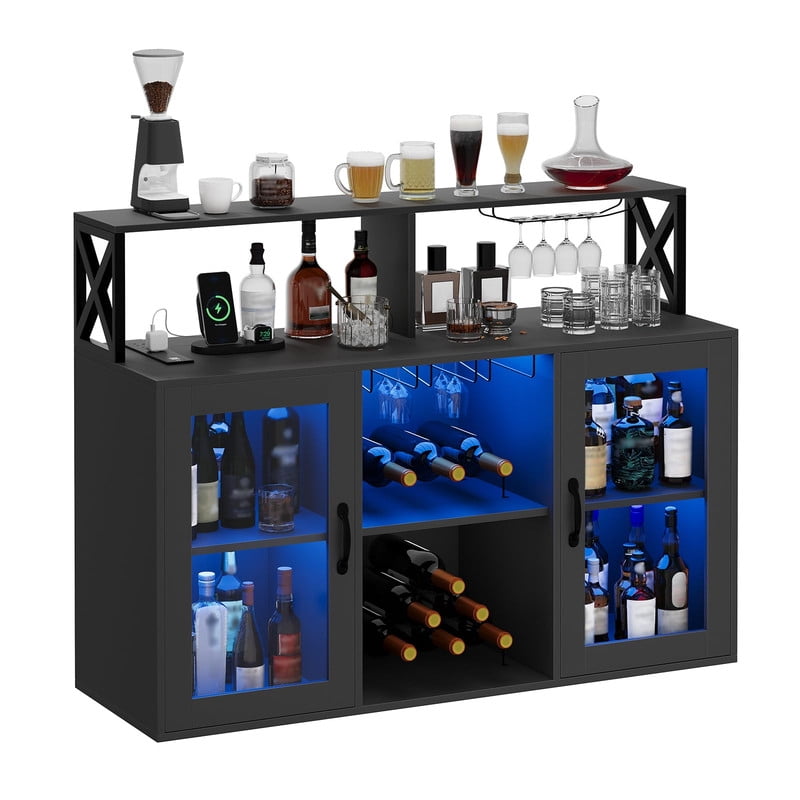 TROPOW Wine Bar Cabinet, Farmhouse Liquor Cabinet with Led Light and ...
