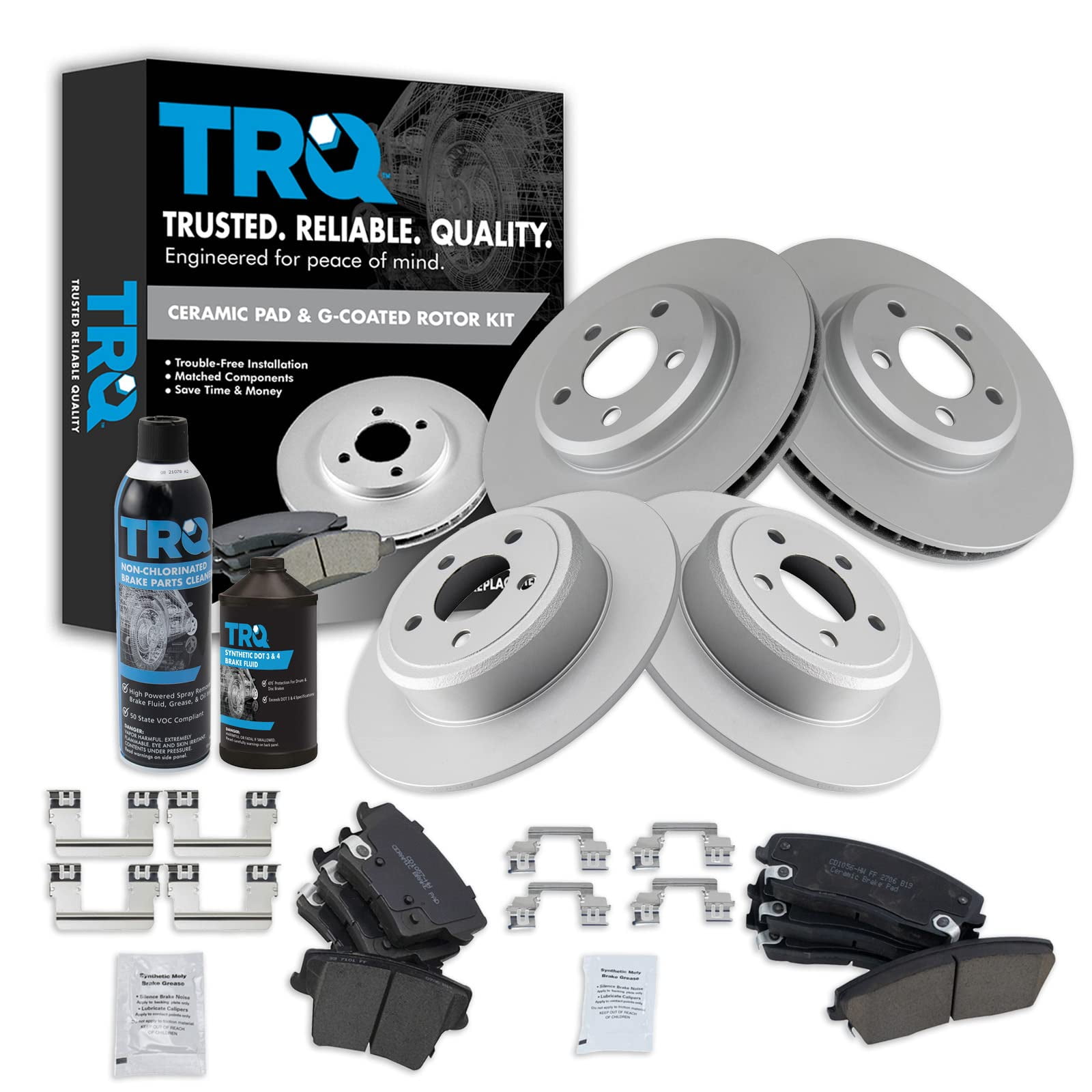 TRQ Brake Pad & Coated Rotor Kit Premium Posi Ceramic Front & Rear w ...