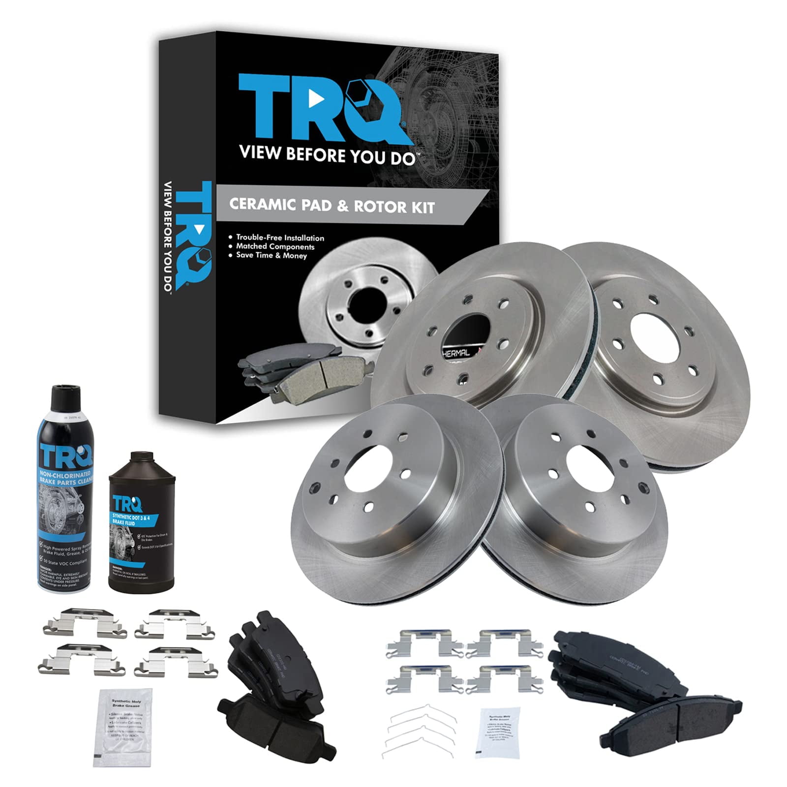TRQ Brake Pad & Rotor Kit Ceramic Front & Rear w/Chemicals BKA15378 ...