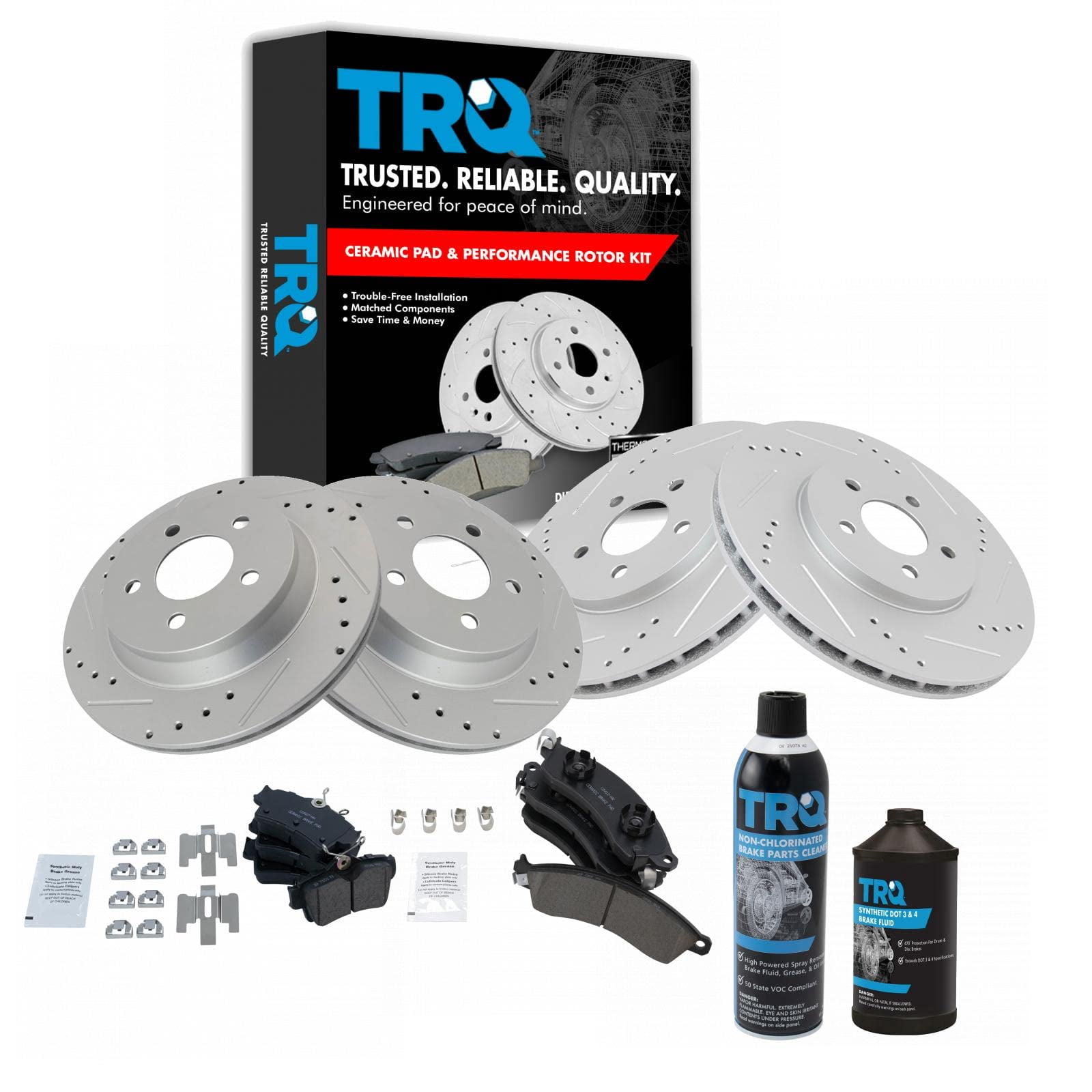TRQ Brake Rotor Coated & Ceramic Pad Front & Rear Kit w/Chemicals ...
