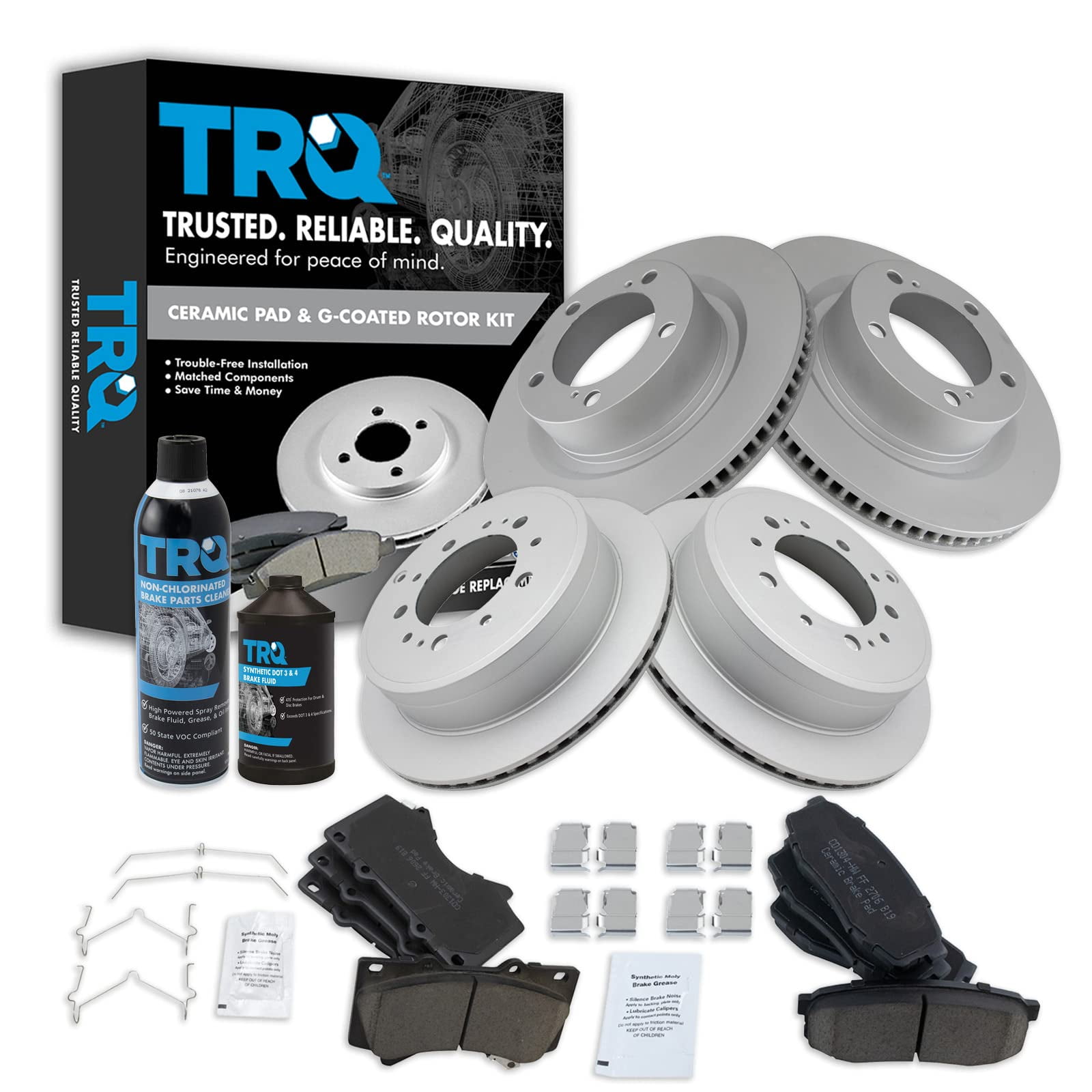 TRQ Ceramic Brake Pad & Coated Rotor Front & Rear Kit w/Fluids for ...