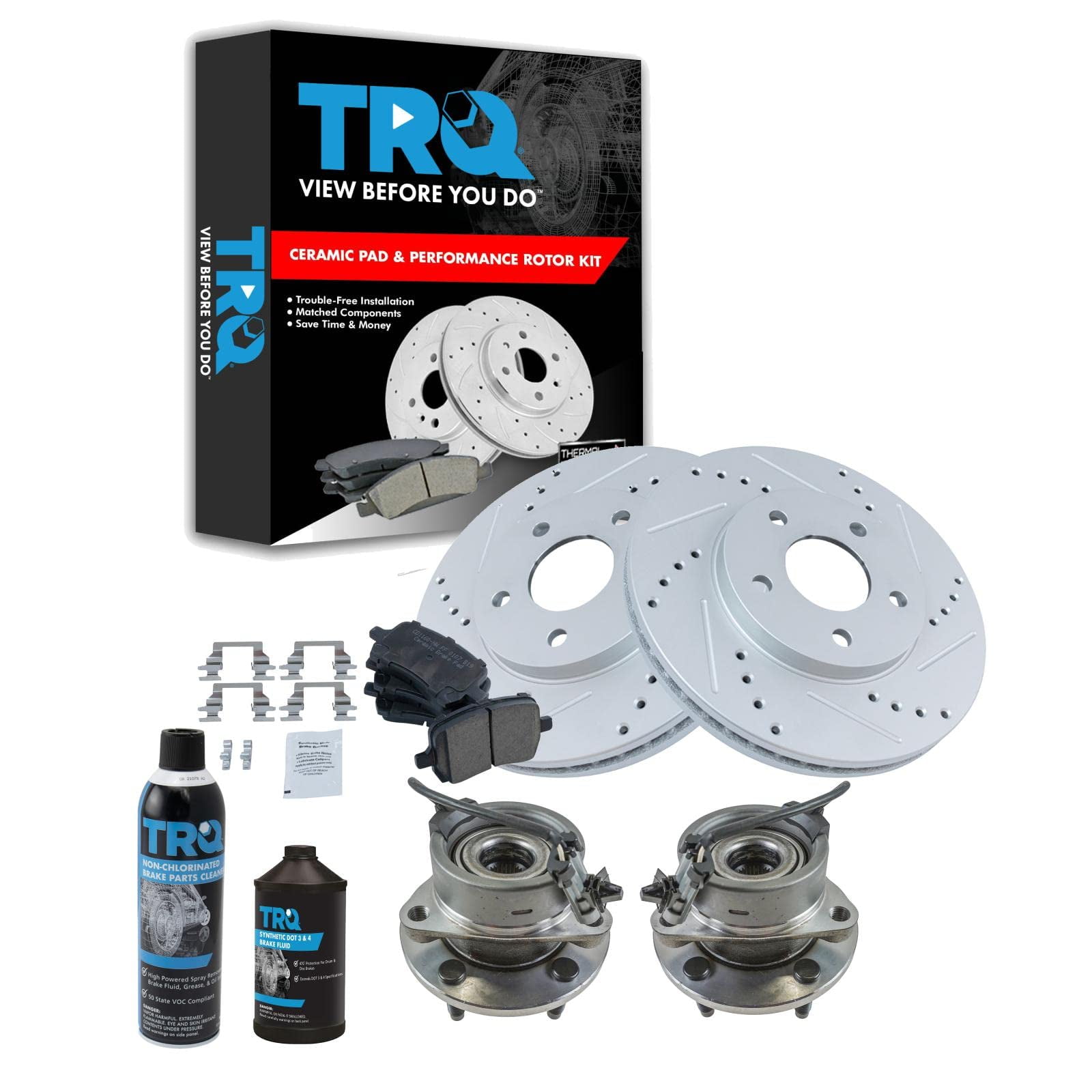 TRQ Front Brake Pad Performance Rotor Hardware & Wheel Bearing Hubs w/Fluids BKA17935 Fits ...