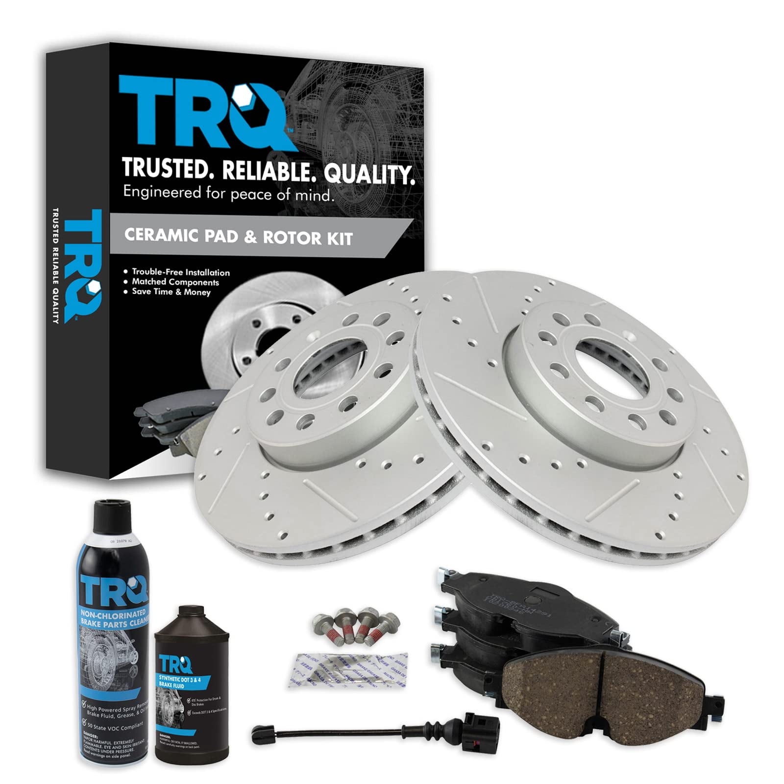 TRQ Front Ceramic Brake Pad & Performance Rotor Kit w/Fluids for VW Golf Jetta BKA21597 Fits ...