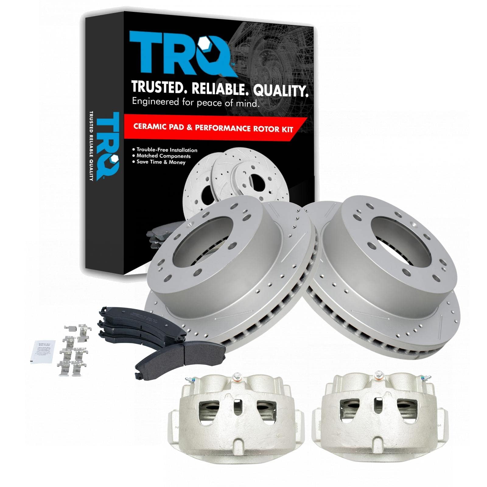 TRQ Front Metallic Pad Performance Rotor & Brake Calipers Kit for Chevy ...