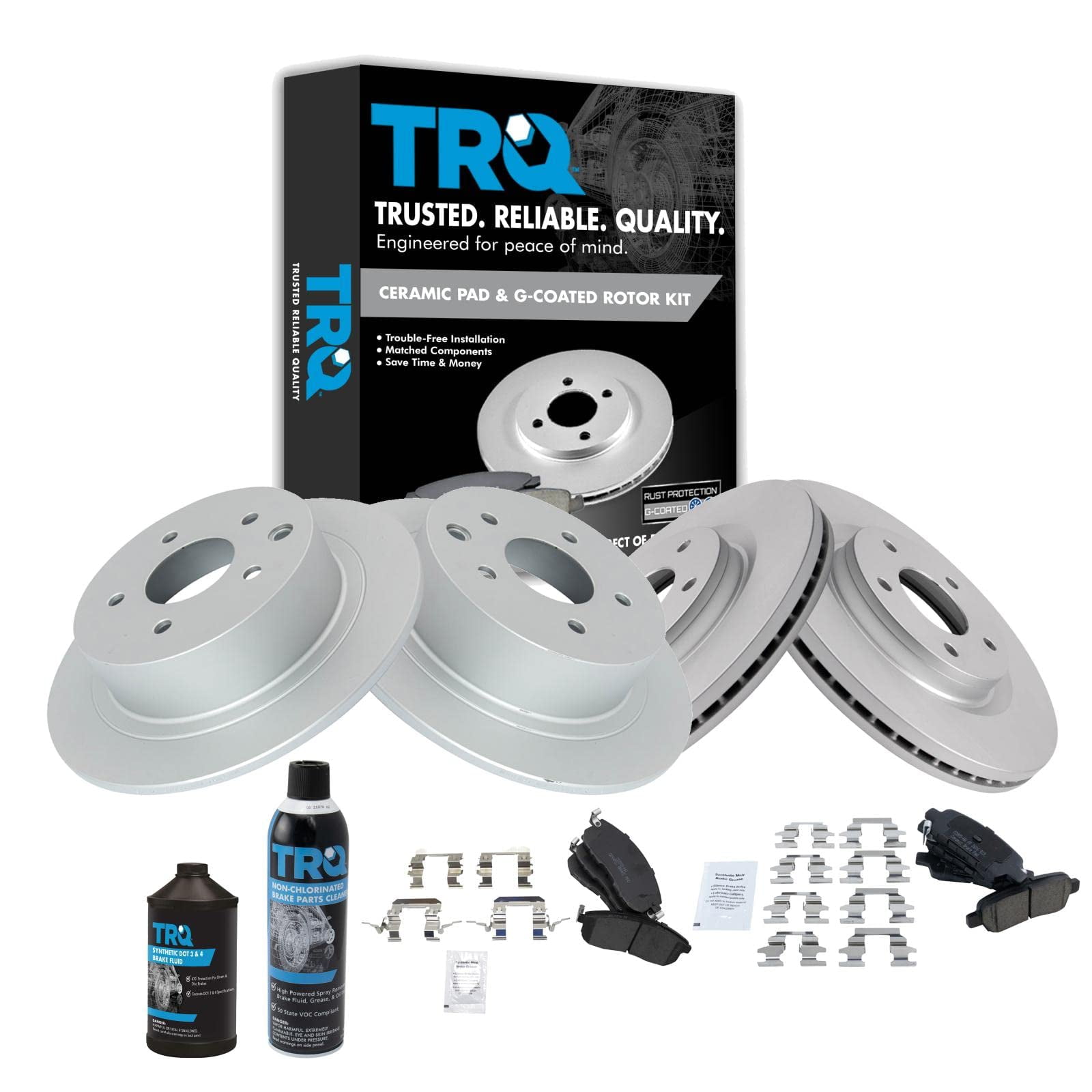 TRQ Front & Rear Ceramic Brake Pad & Coated Rotor Kit w/Fluids for Juke ...