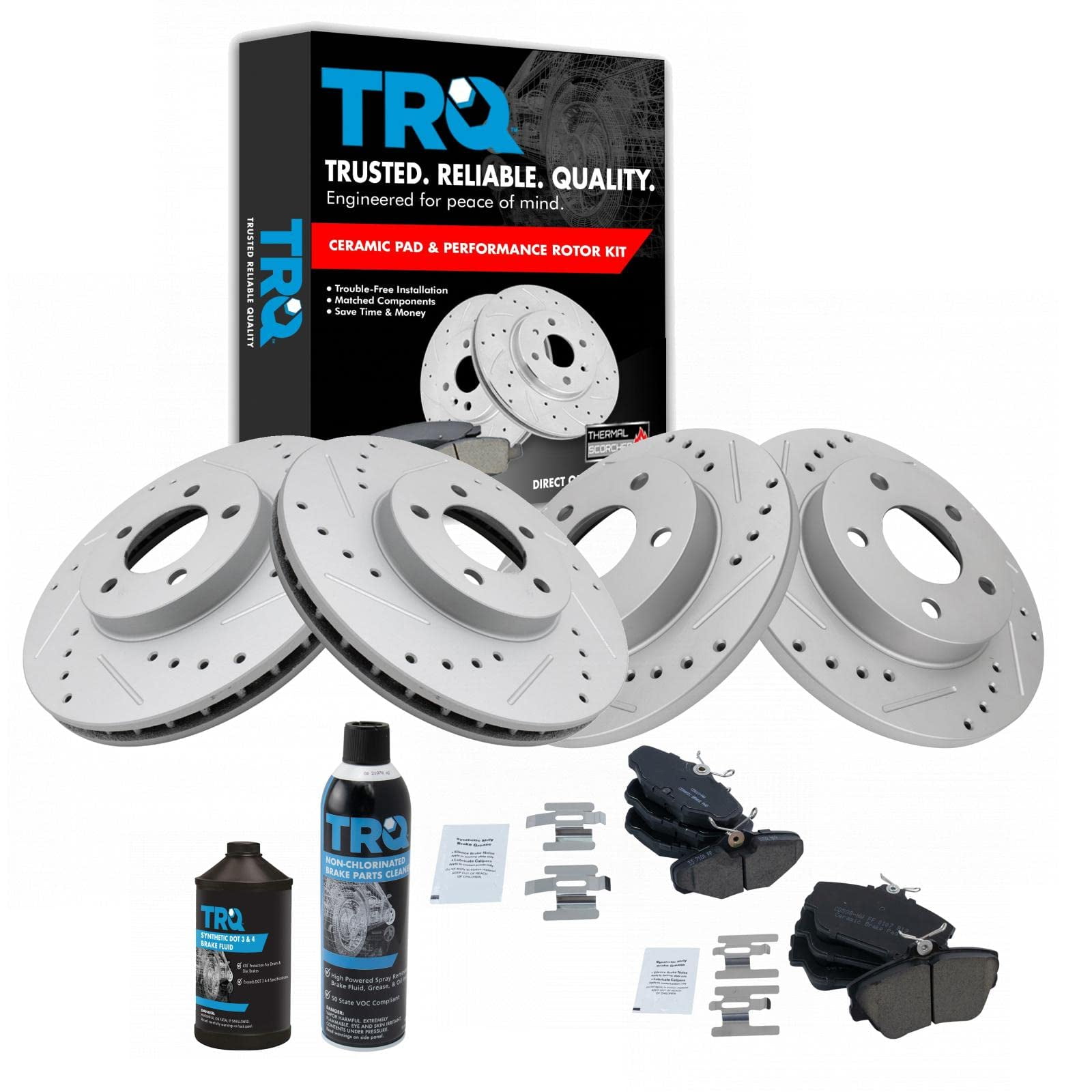 TRQ Front & Rear Ceramic Brake Pad & Performance Rotor Kit w/Fluids ...