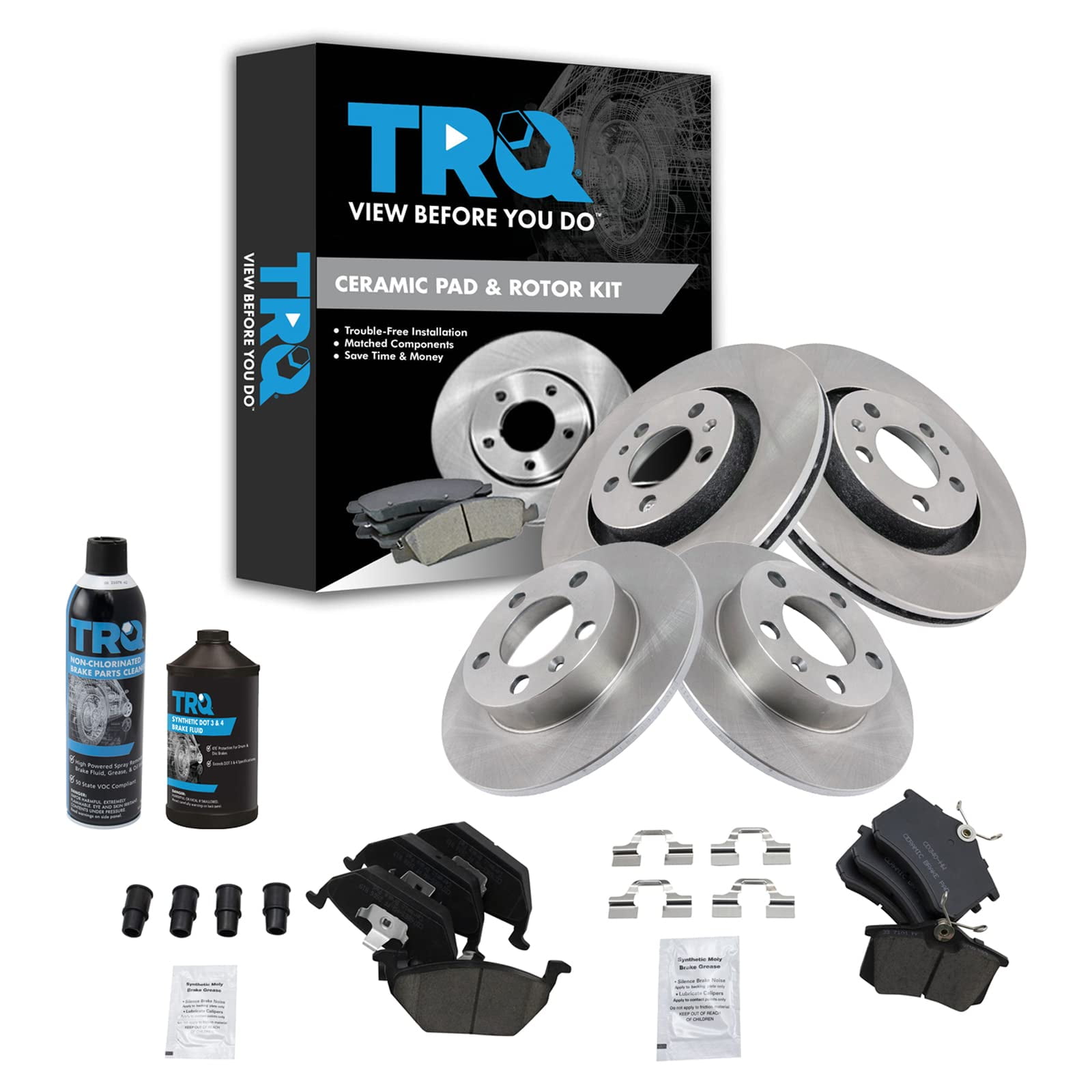 TRQ Front & Rear Ceramic Brake Pad & Rotor Kit w/Fluids for VW Golf Jetta Beetle BKA15806 Fits ...