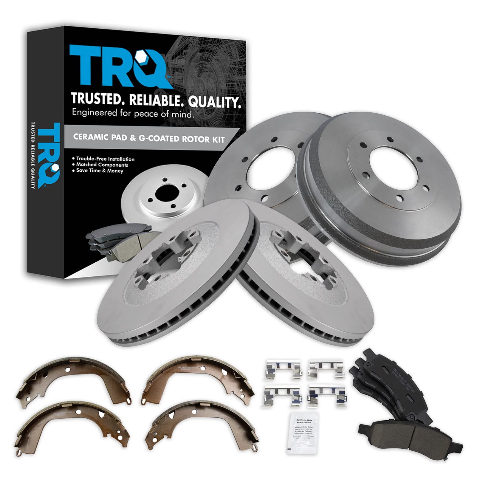 TRQ Front & Rear Ceramic Pad Coated Rotor Drum & Brake Shoe Kit for GM ...