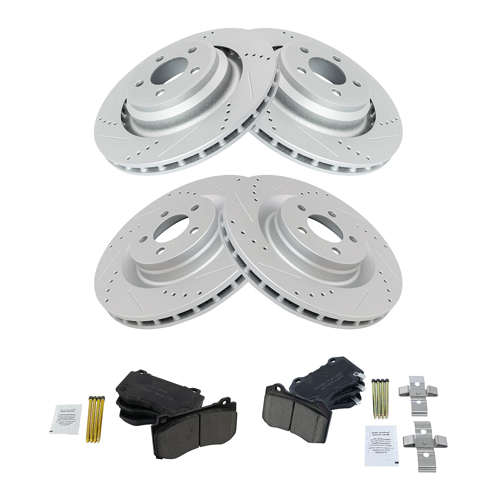 TRQ Front & Rear Ceramic Pads & Drilled Slotted Coated Rotors Fits ...