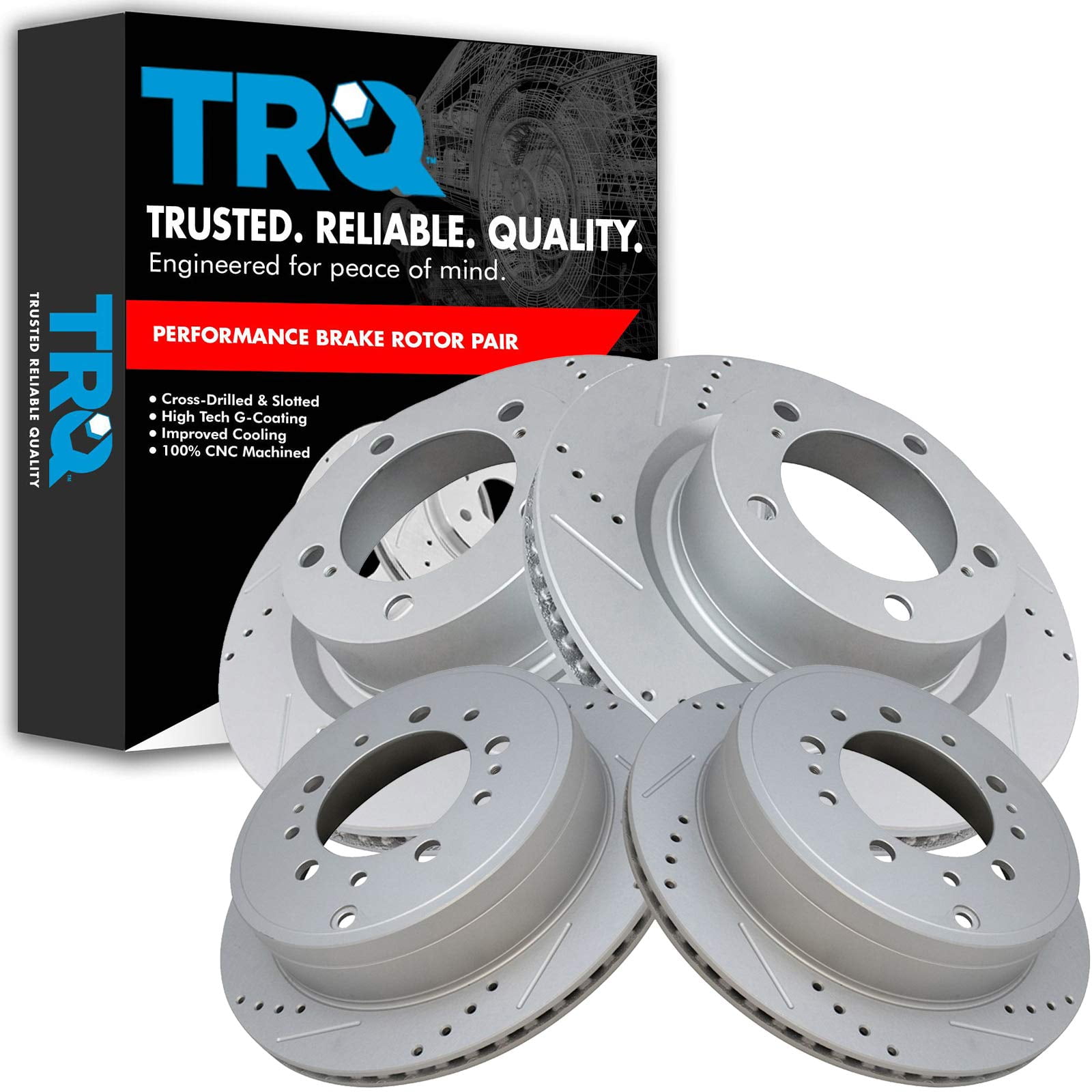 TRQ Front and Rear Performance Brake Rotors Set Premium G-Coated Cross Drilled & Slotted Fits ...