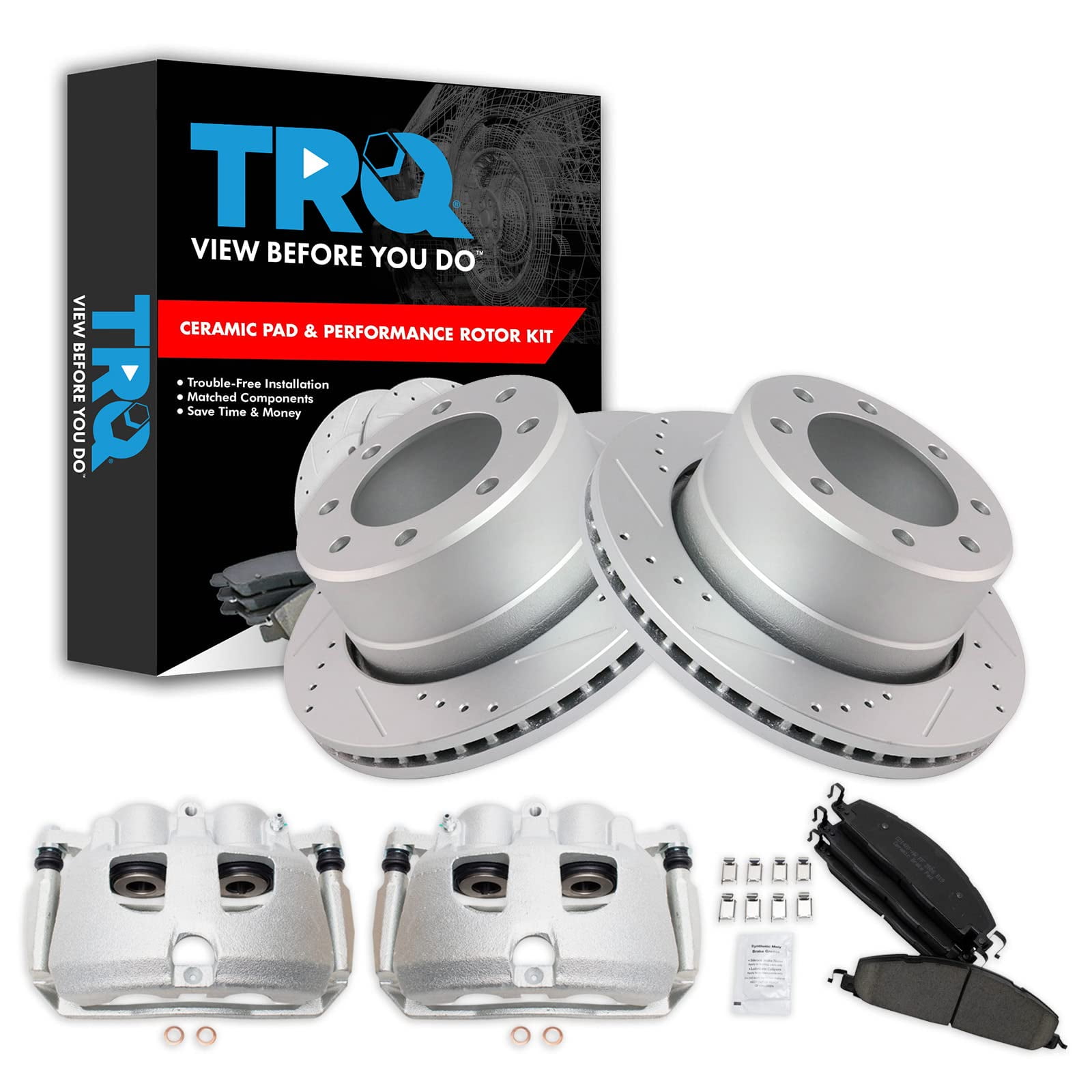 TRQ Rear Brake Calipers Ceramic Pads & Drilled Rotors Fits 09-18 Ram ...