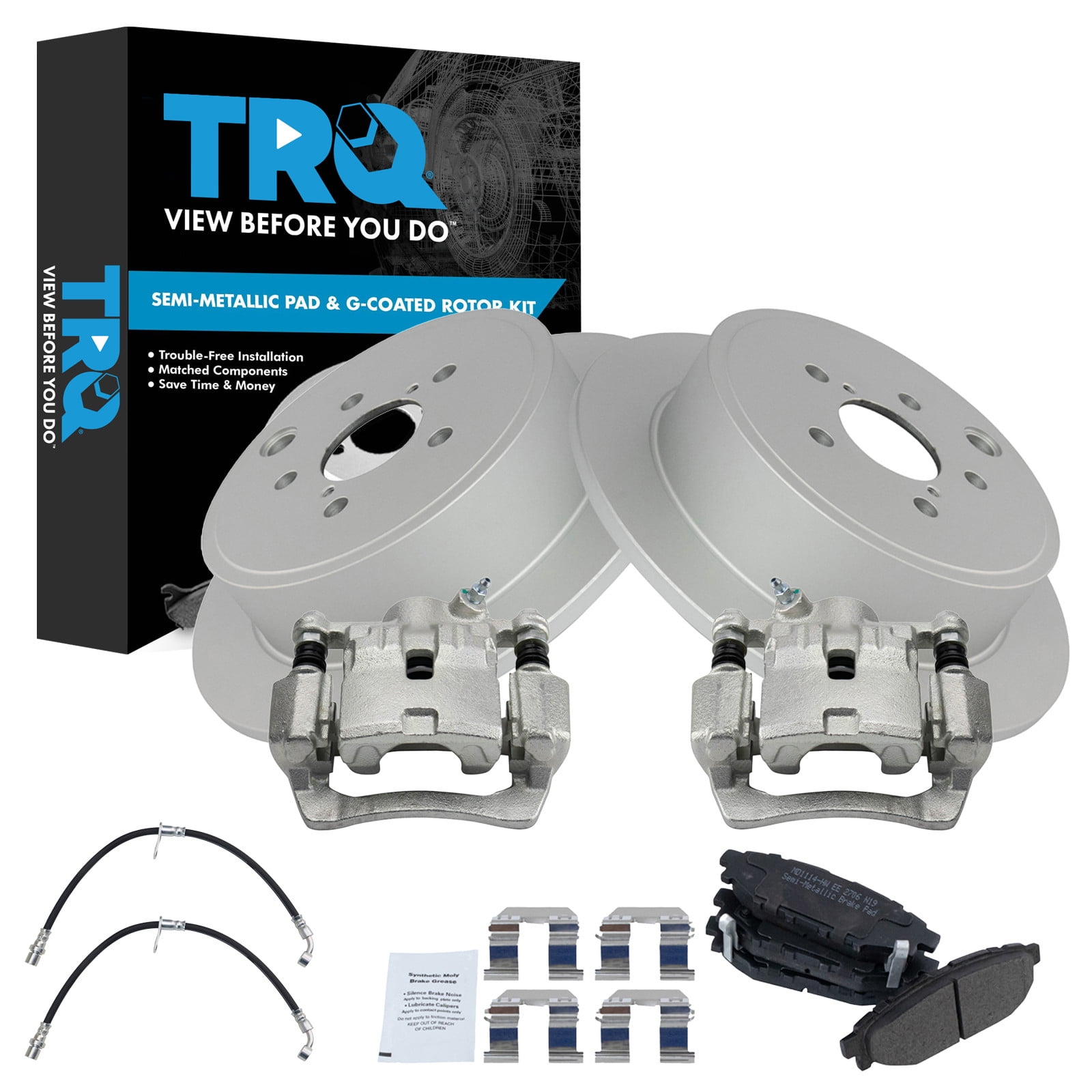 TRQ Rear Brake Pad and Rotor Set Semi Metallic G Coated Rotors Calipers ...